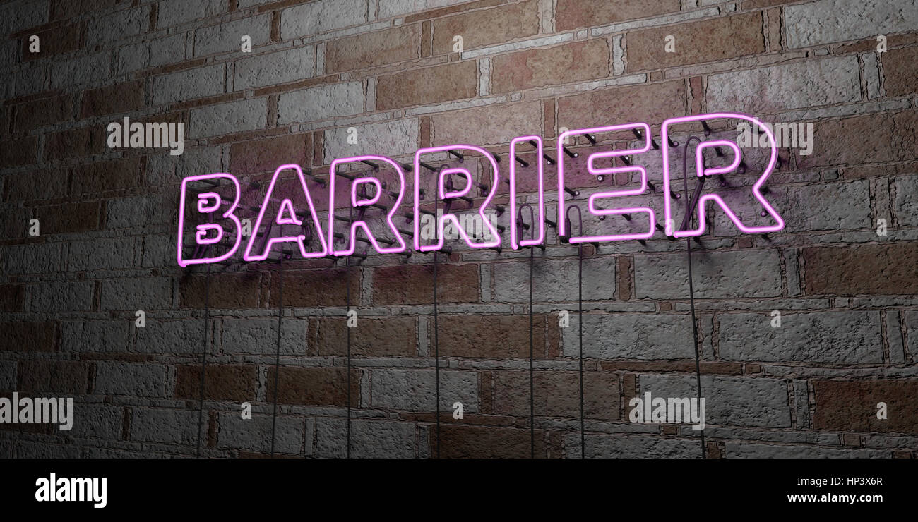 BARRIER - Glowing Neon Sign on stonework wall - 3D rendered royalty ...