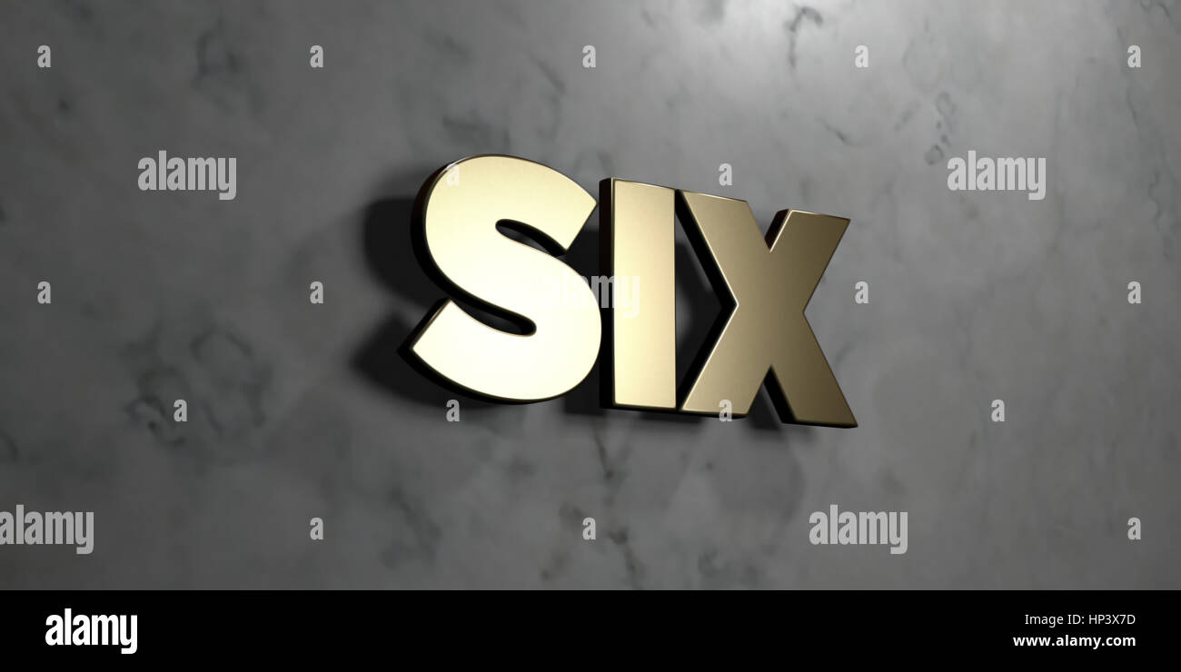 Six - Gold sign mounted on glossy marble wall - 3D rendered royalty ...