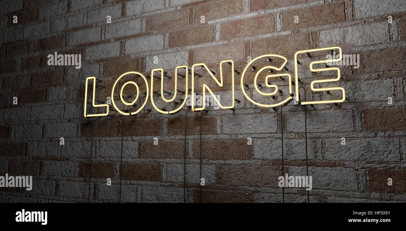LOUNGE - Glowing Neon Sign on stonework wall - 3D rendered royalty free ...