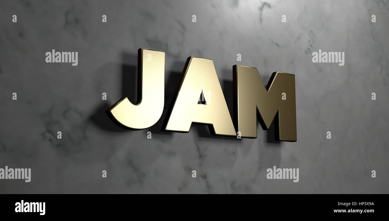 Jam - Gold sign mounted on glossy marble wall - 3D rendered royalty ...