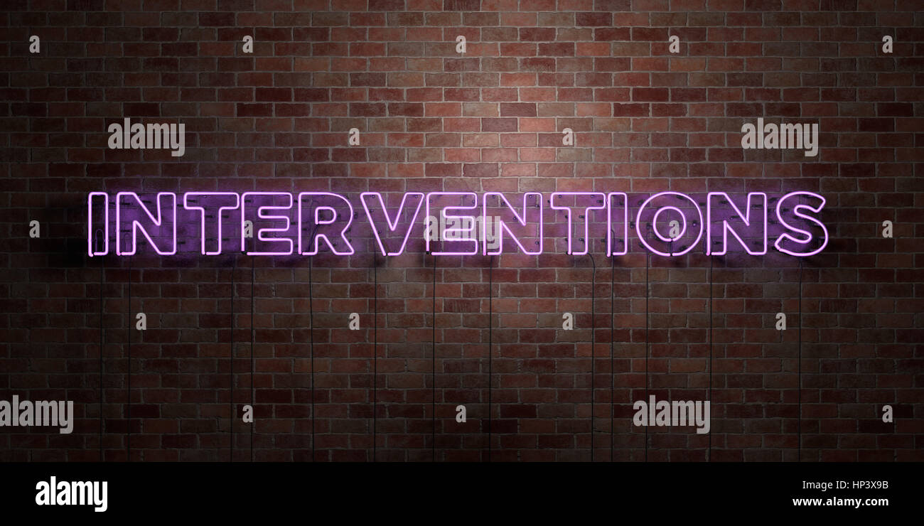 INTERVENTIONS - fluorescent Neon tube Sign on brickwork - Front view ...