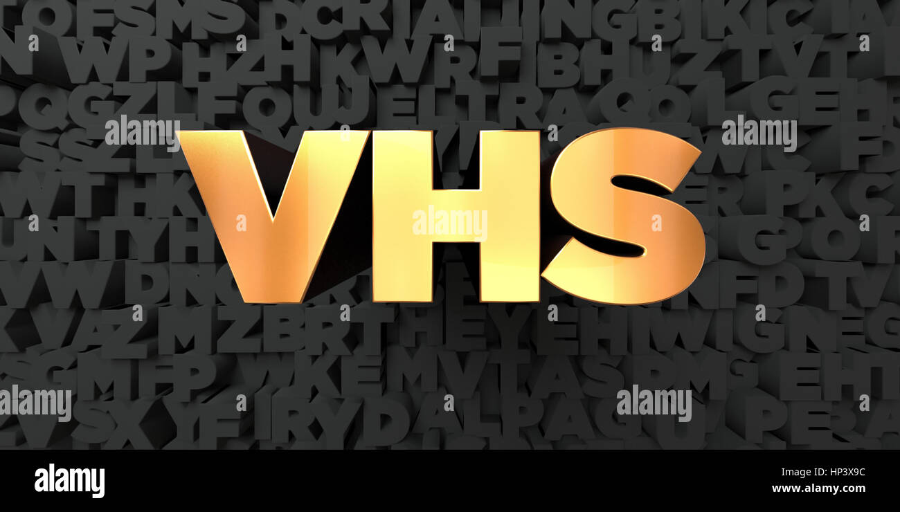 Vhs - Gold text on black background - 3D rendered royalty free stock picture. This image can be ...