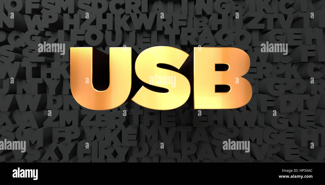 Usb - Gold text on black background - 3D rendered royalty free stock ...