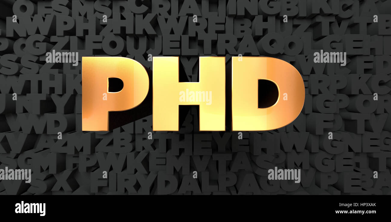 Phd - Gold text on black background - 3D rendered royalty free stock ...