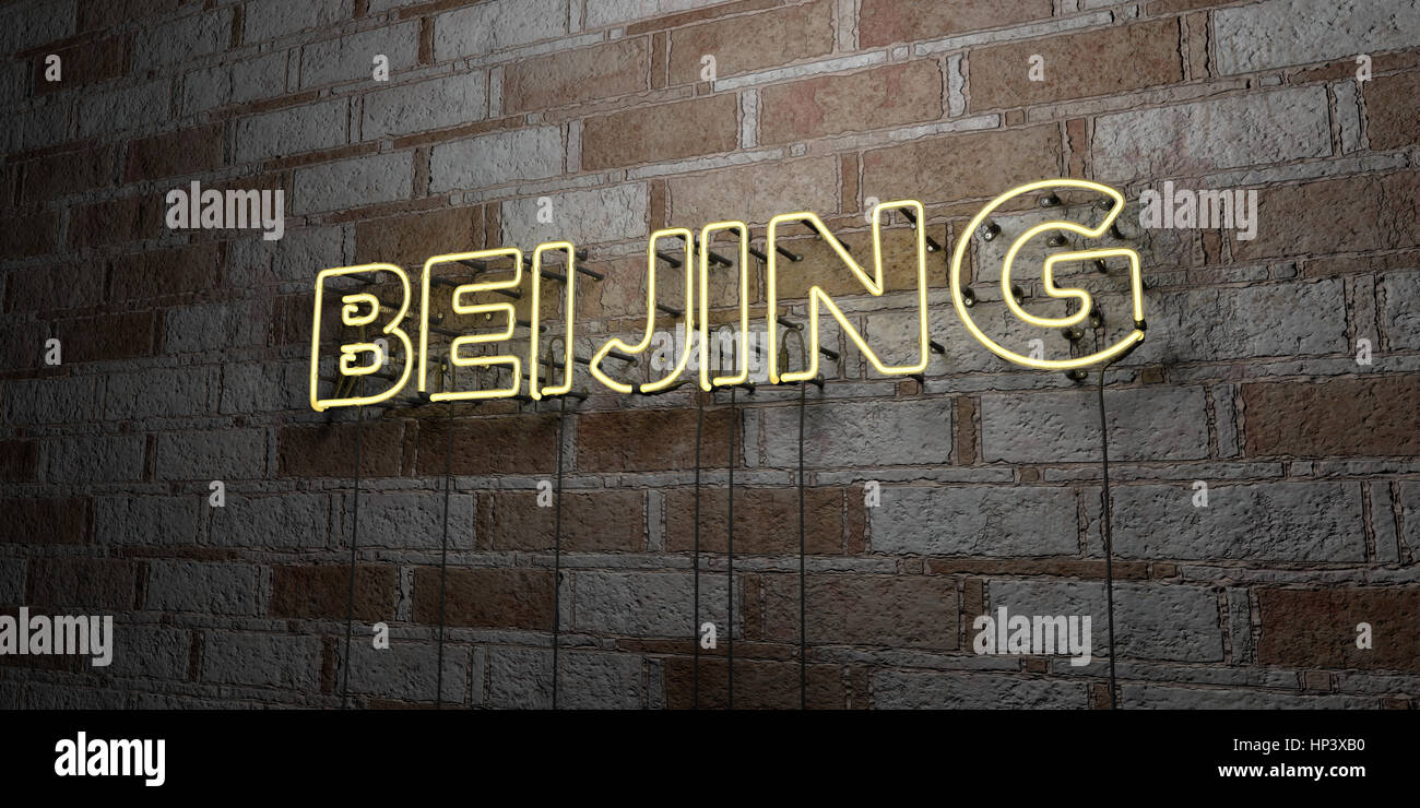 BEIJING - Glowing Neon Sign on stonework wall - 3D rendered royalty ...