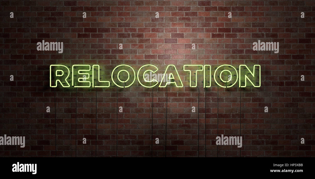 RELOCATION - fluorescent Neon tube Sign on brickwork - Front view - 3D ...