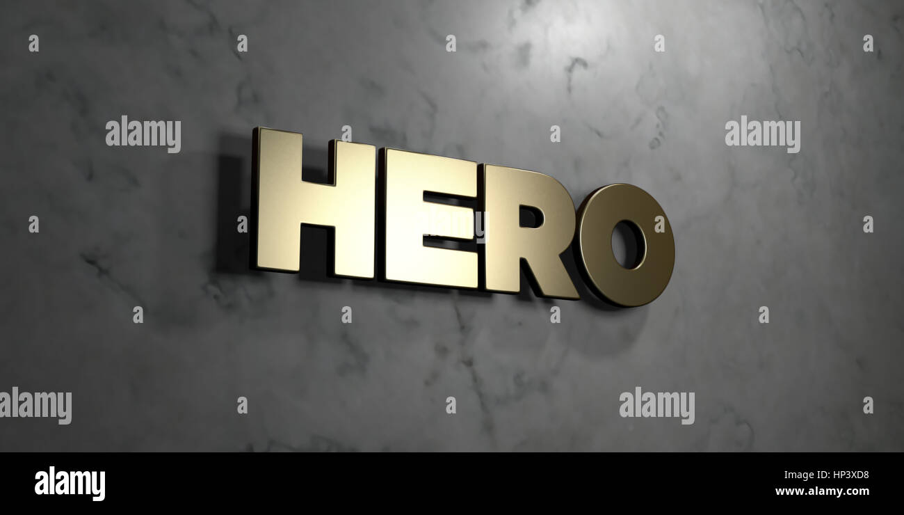 Hero - Gold sign mounted on glossy marble wall - 3D rendered royalty ...