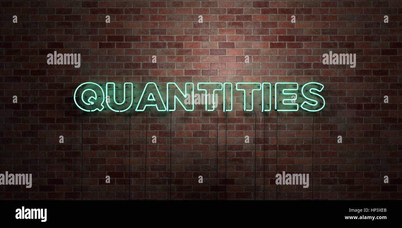 QUANTITIES - fluorescent Neon tube Sign on brickwork - Front view - 3D ...