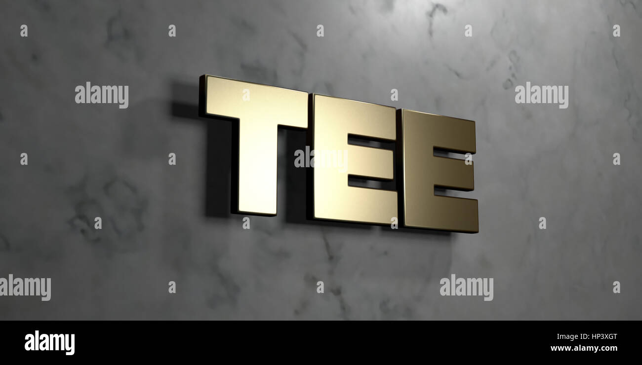 Tee - Gold sign mounted on glossy marble wall - 3D rendered royalty ...