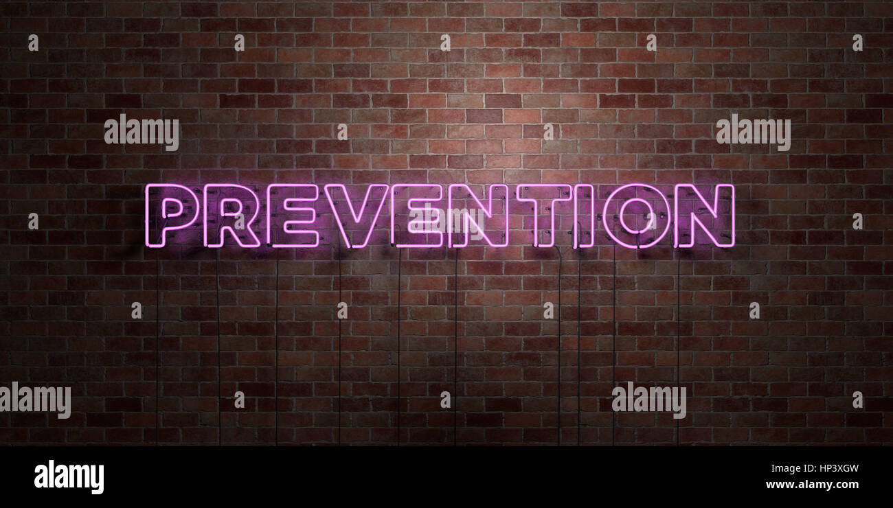 PREVENTION - fluorescent Neon tube Sign on brickwork - Front view - 3D ...