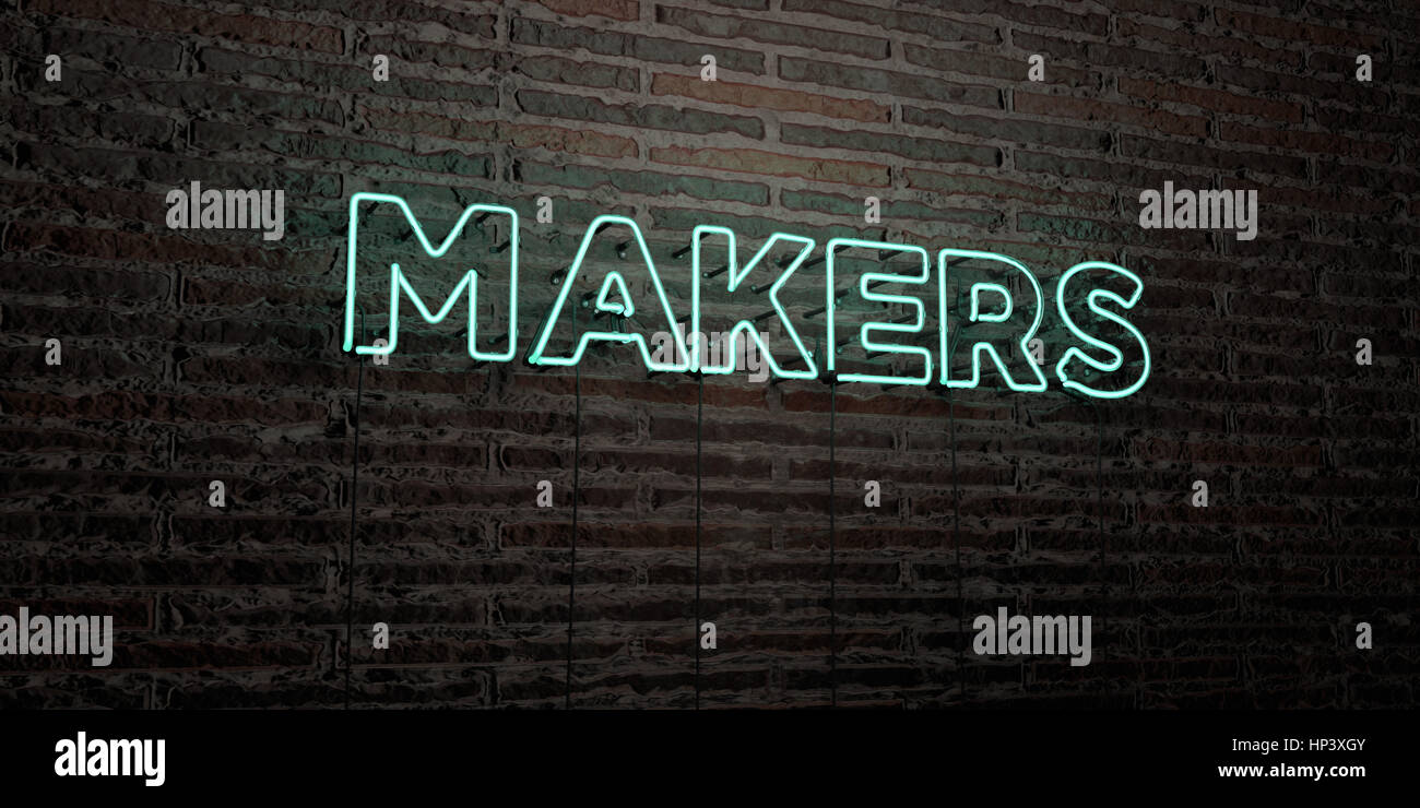 MAKERS -Realistic Neon Sign on Brick Wall background - 3D rendered ...