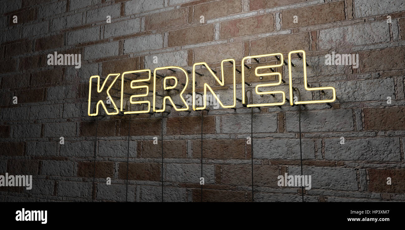 KERNEL - Glowing Neon Sign on stonework wall - 3D rendered royalty free ...