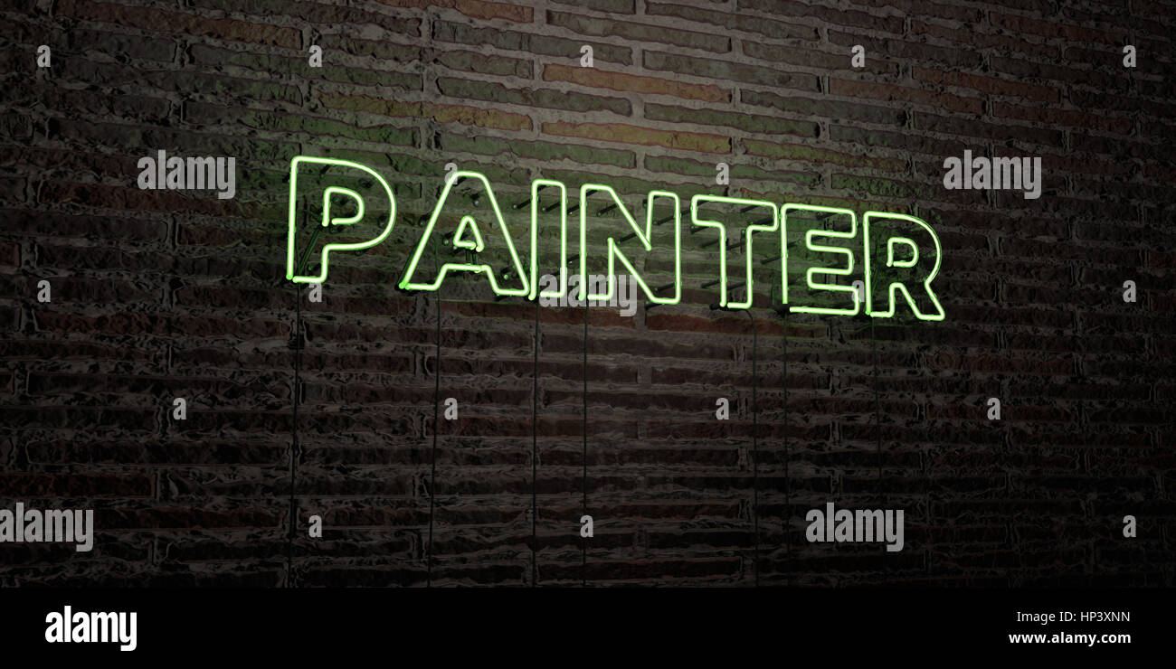 PAINTER -Realistic Neon Sign on Brick Wall background - 3D rendered ...