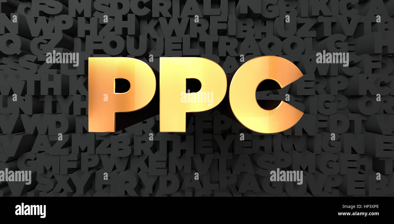 Ppc - Gold text on black background - 3D rendered royalty free stock ...