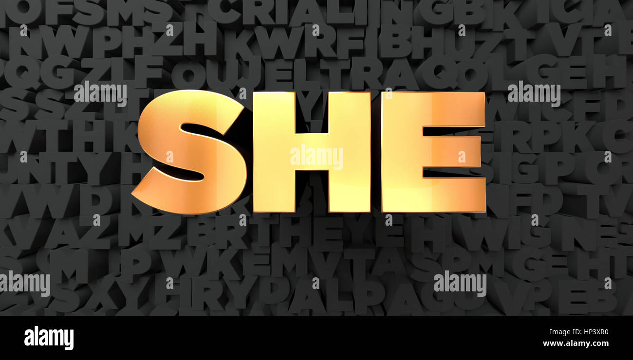 She - Gold text on black background - 3D rendered royalty free stock ...