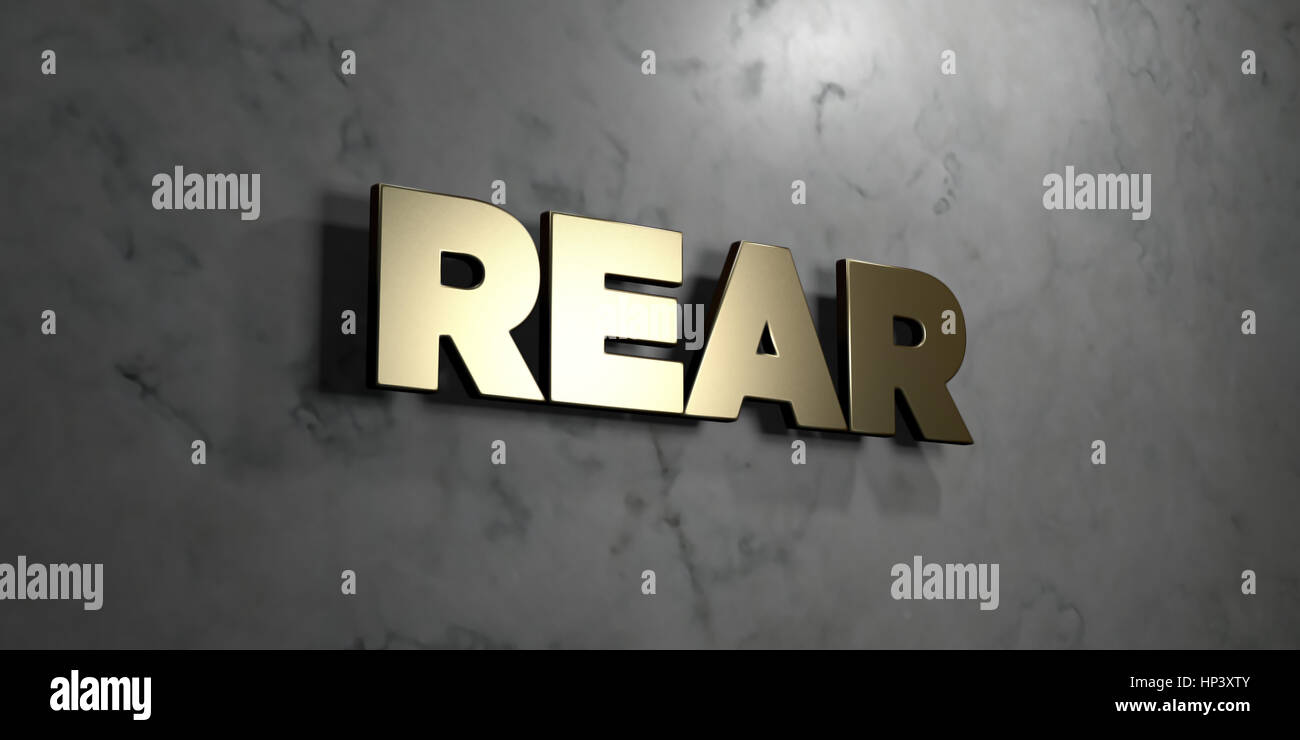 Rear - Gold sign mounted on glossy marble wall - 3D rendered royalty ...