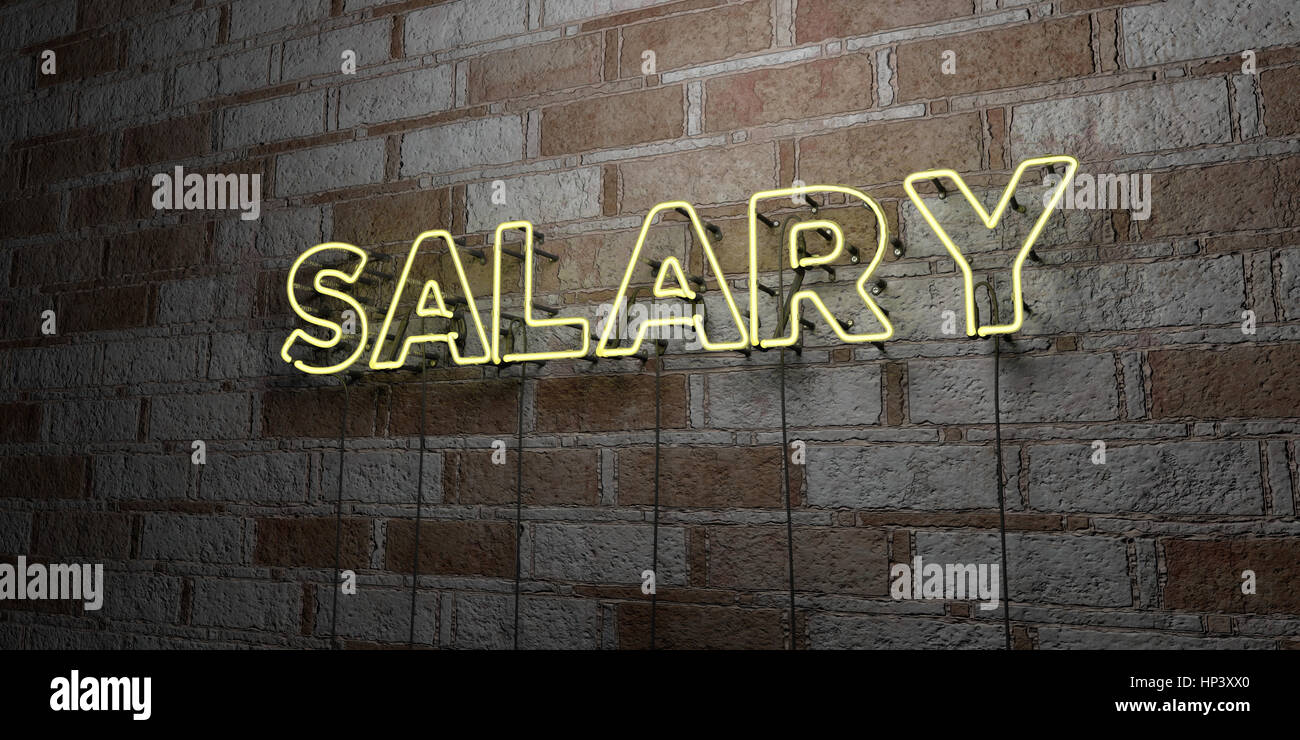 SALARY - Glowing Neon Sign on stonework wall - 3D rendered royalty free ...