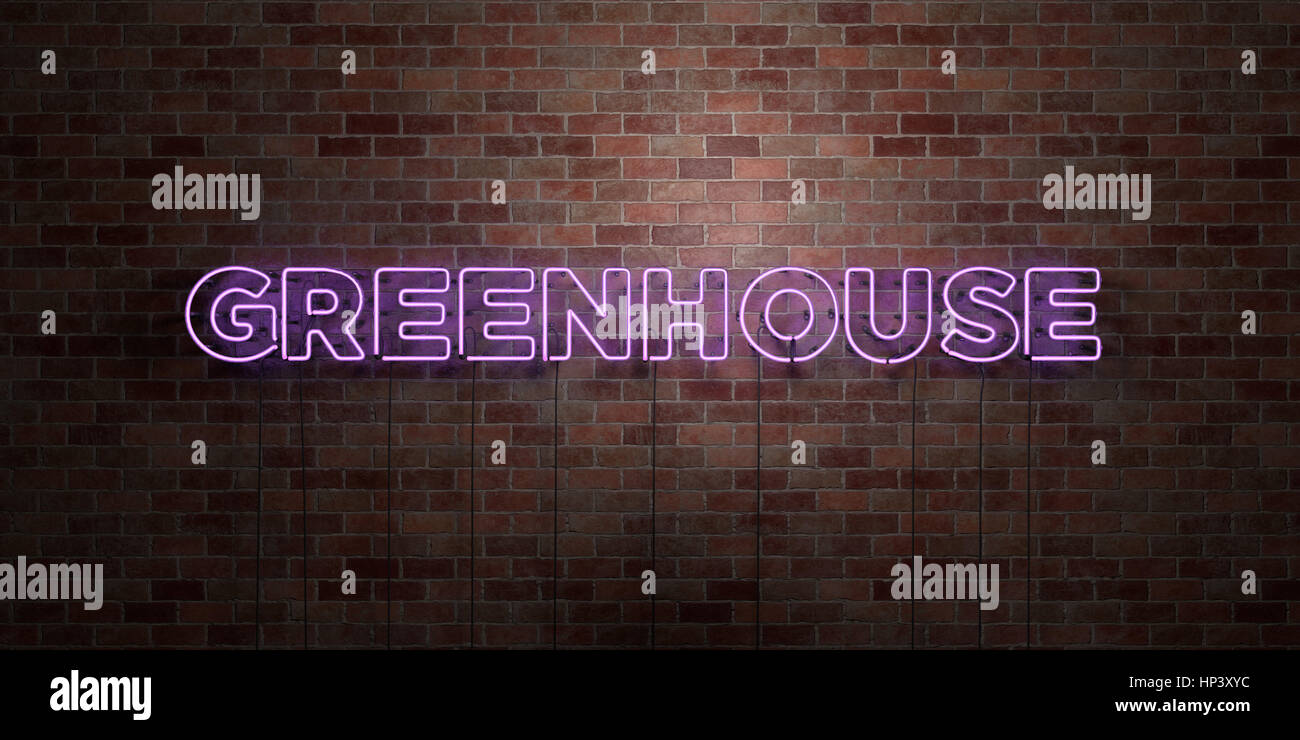 GREENHOUSE - fluorescent Neon tube Sign on brickwork - Front view - 3D ...