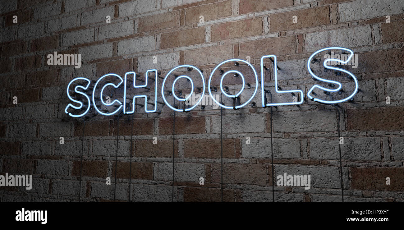SCHOOLS - Glowing Neon Sign on stonework wall - 3D rendered royalty ...