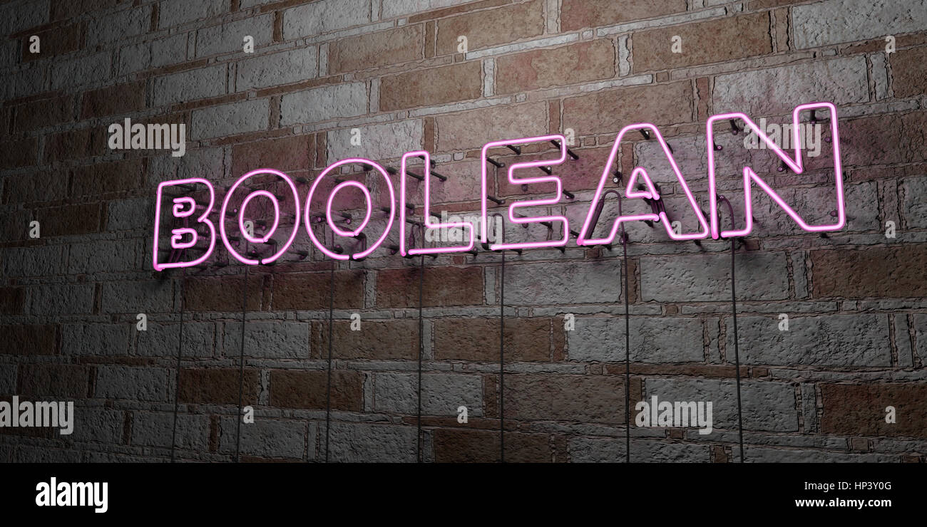 BOOLEAN - Glowing Neon Sign on stonework wall - 3D rendered royalty ...