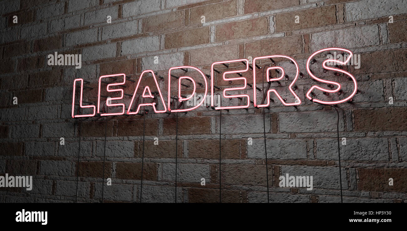 LEADERS - Glowing Neon Sign on stonework wall - 3D rendered royalty ...