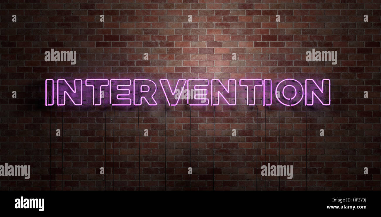 INTERVENTION - fluorescent Neon tube Sign on brickwork - Front view ...