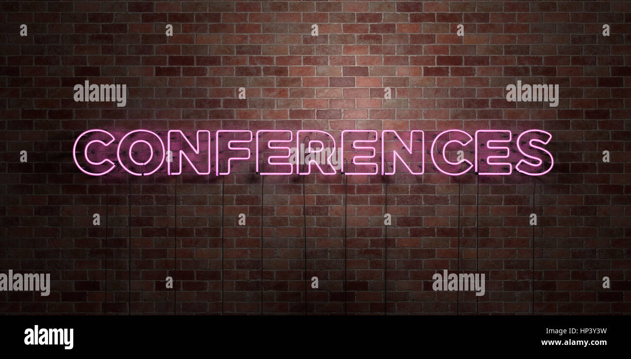 CONFERENCES - fluorescent Neon tube Sign on brickwork - Front view - 3D ...