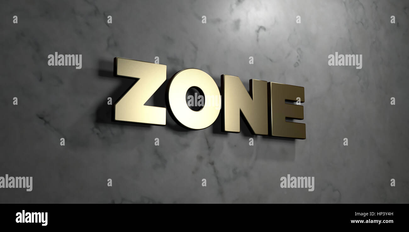 Zone - Gold sign mounted on glossy marble wall - 3D rendered royalty ...
