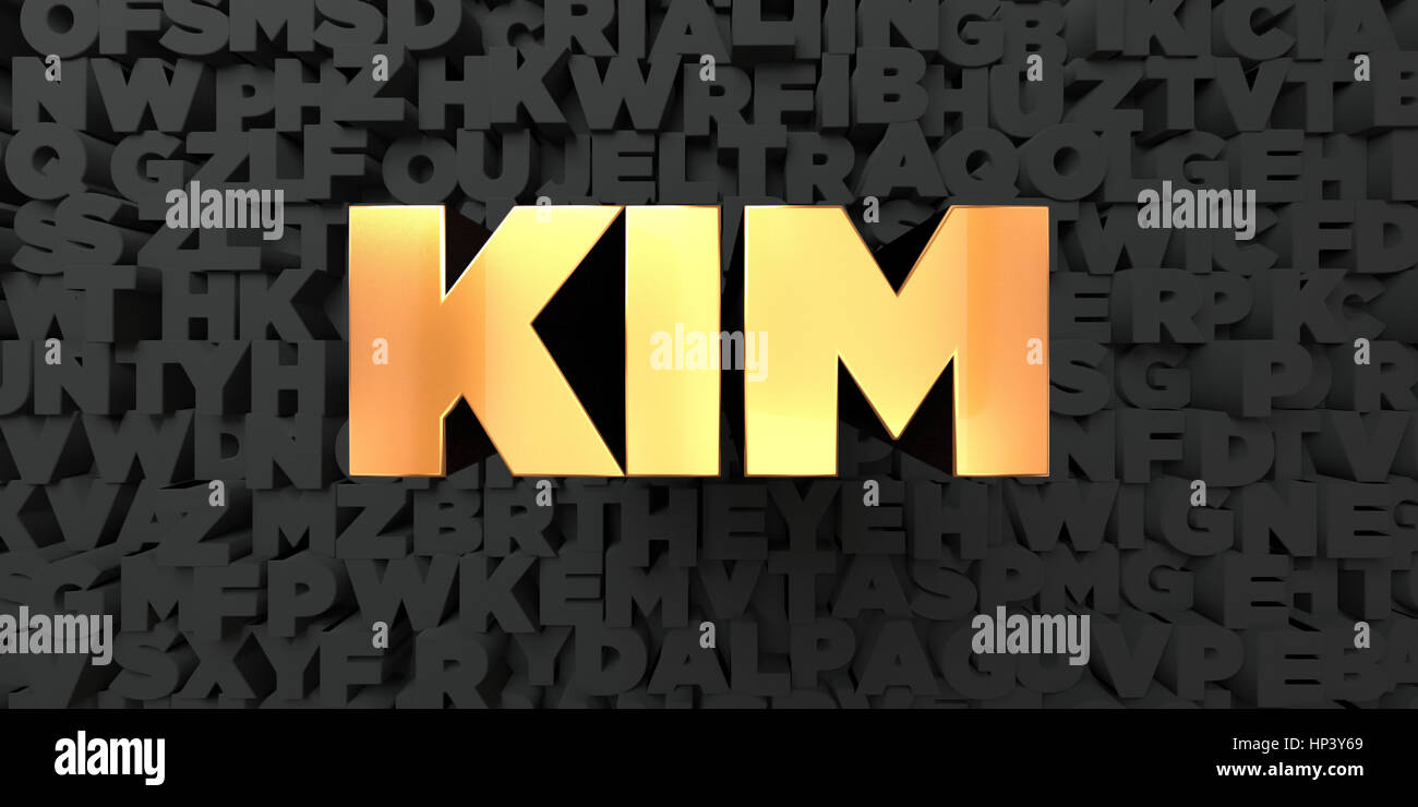 Kim - Gold text on black background - 3D rendered royalty free stock ...