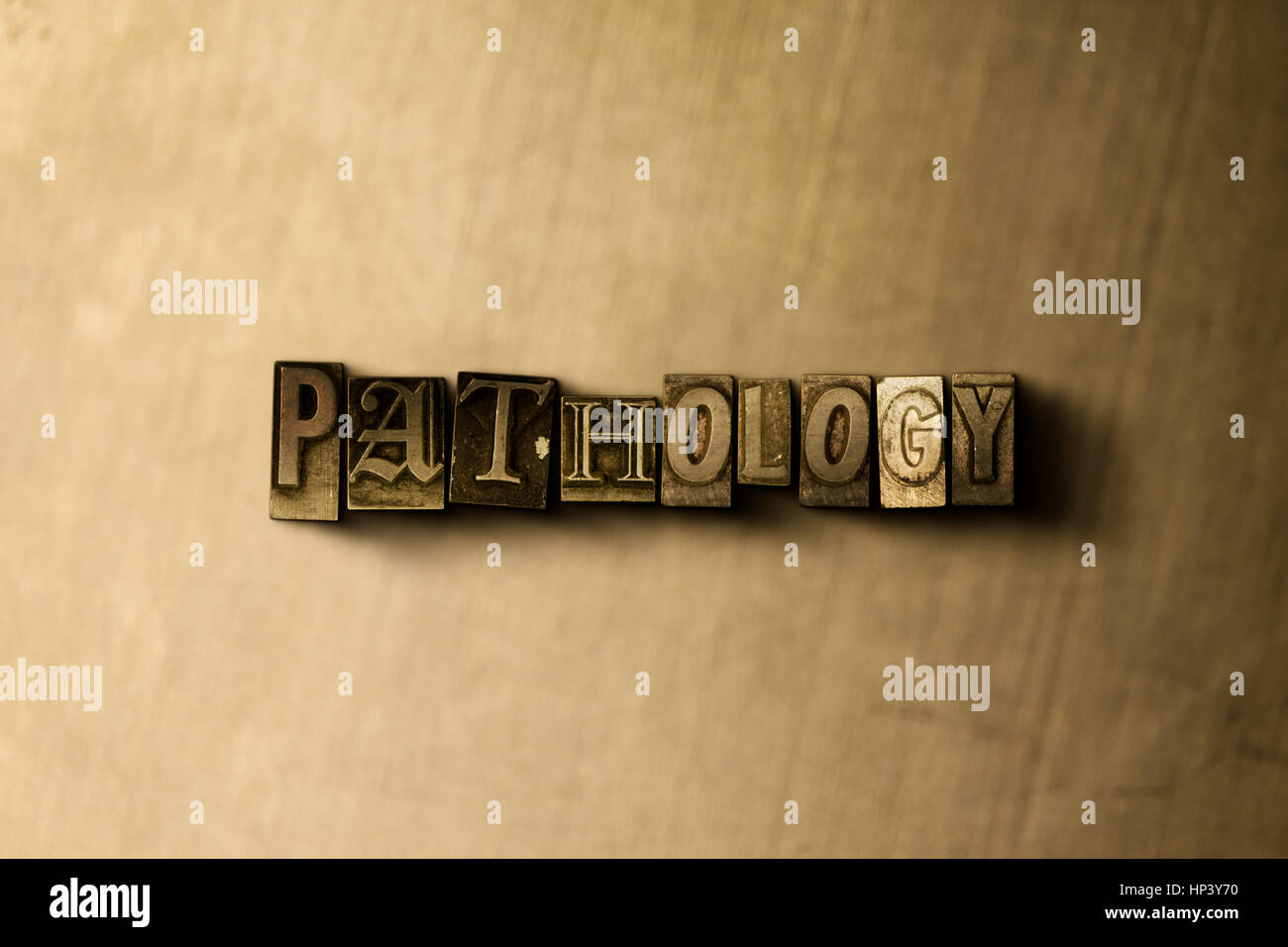 PATHOLOGY - close-up of grungy vintage typeset word on metal backdrop ...