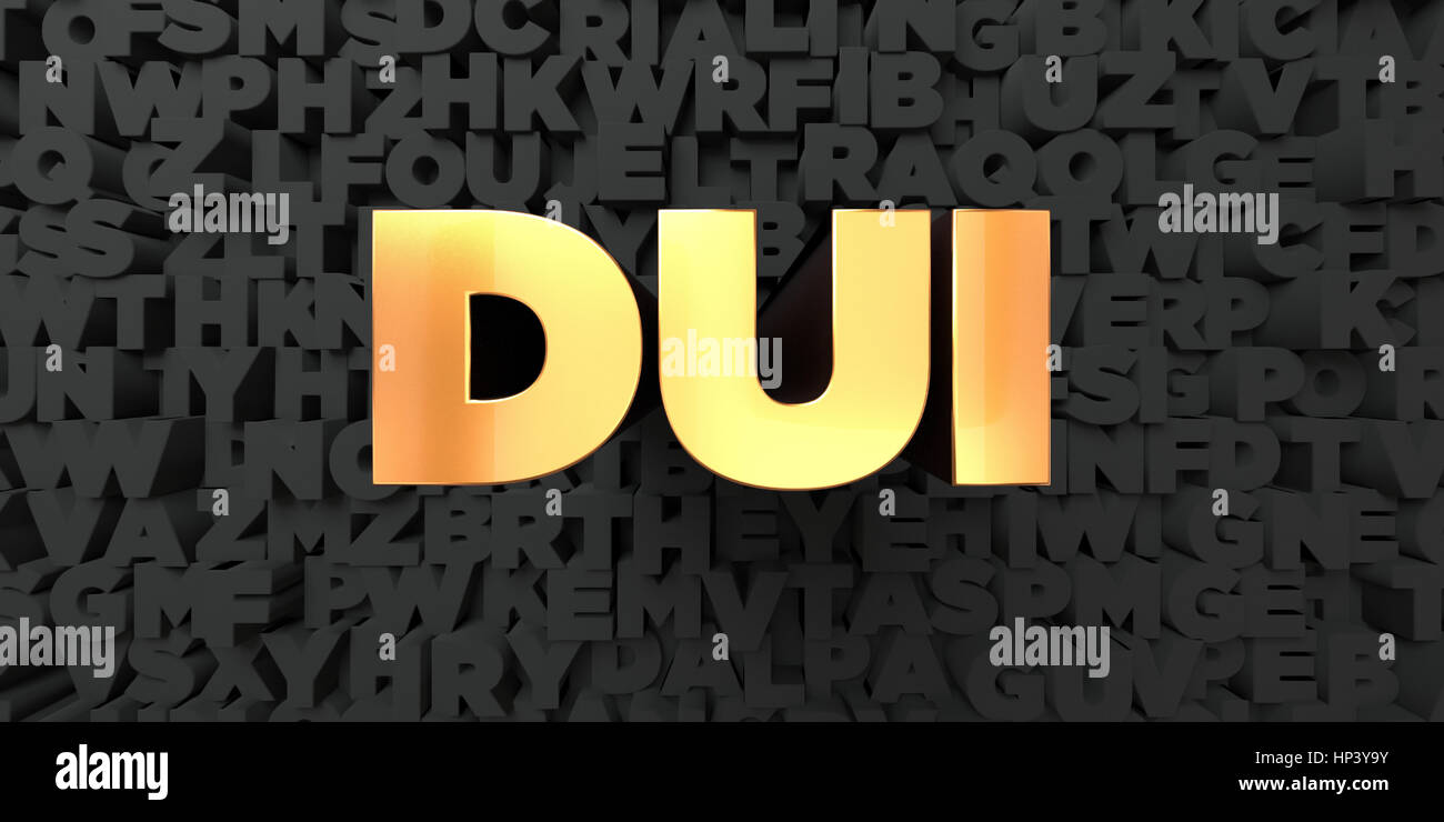 Dui - Gold text on black background - 3D rendered royalty free stock ...