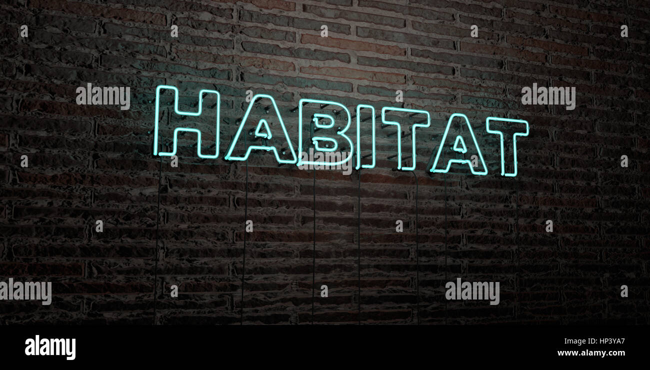 HABITAT -Realistic Neon Sign on Brick Wall background - 3D rendered ...