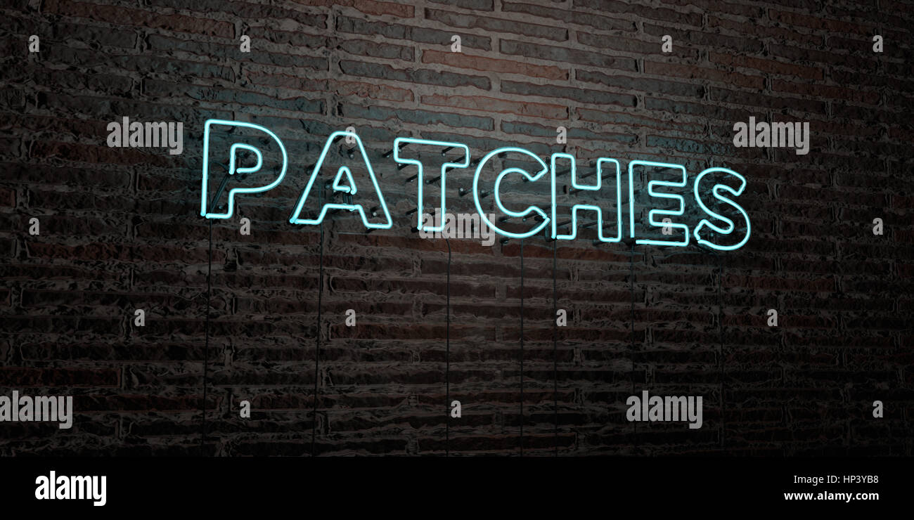 PATCHES -Realistic Neon Sign on Brick Wall background - 3D rendered ...