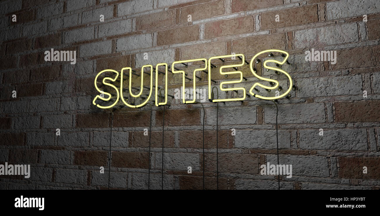 SUITES - Glowing Neon Sign on stonework wall - 3D rendered royalty free ...