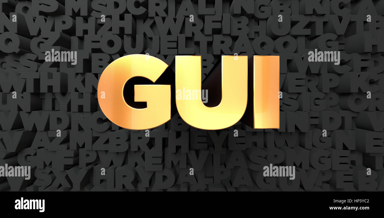 Gui - Gold text on black background - 3D rendered royalty free stock ...