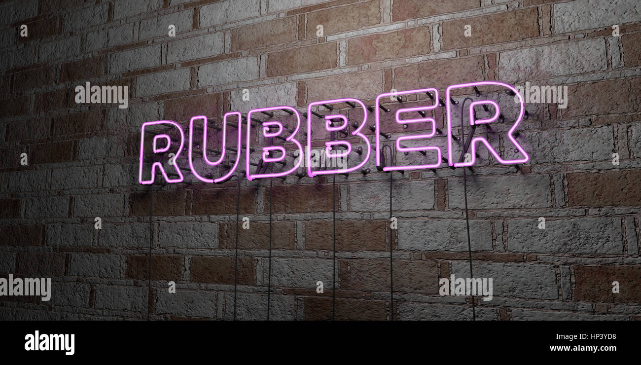 RUBBER - Glowing Neon Sign on stonework wall - 3D rendered royalty free ...