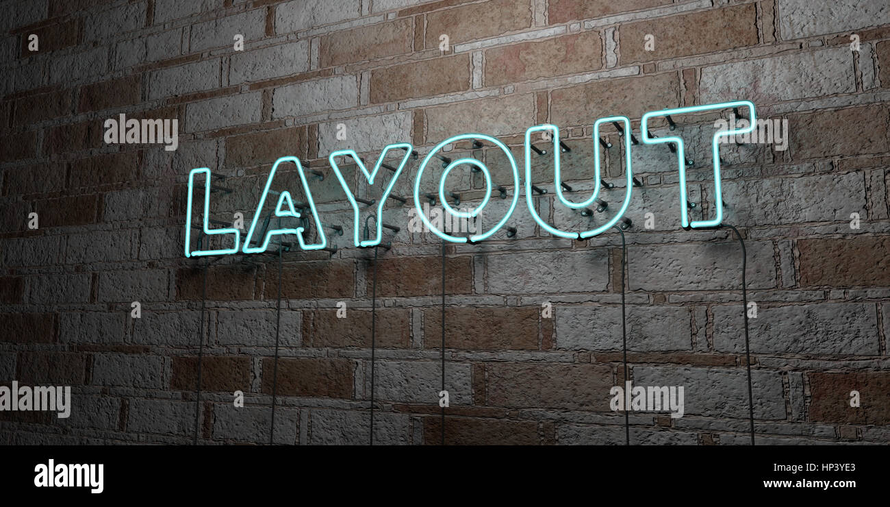 LAYOUT - Glowing Neon Sign on stonework wall - 3D rendered royalty free ...