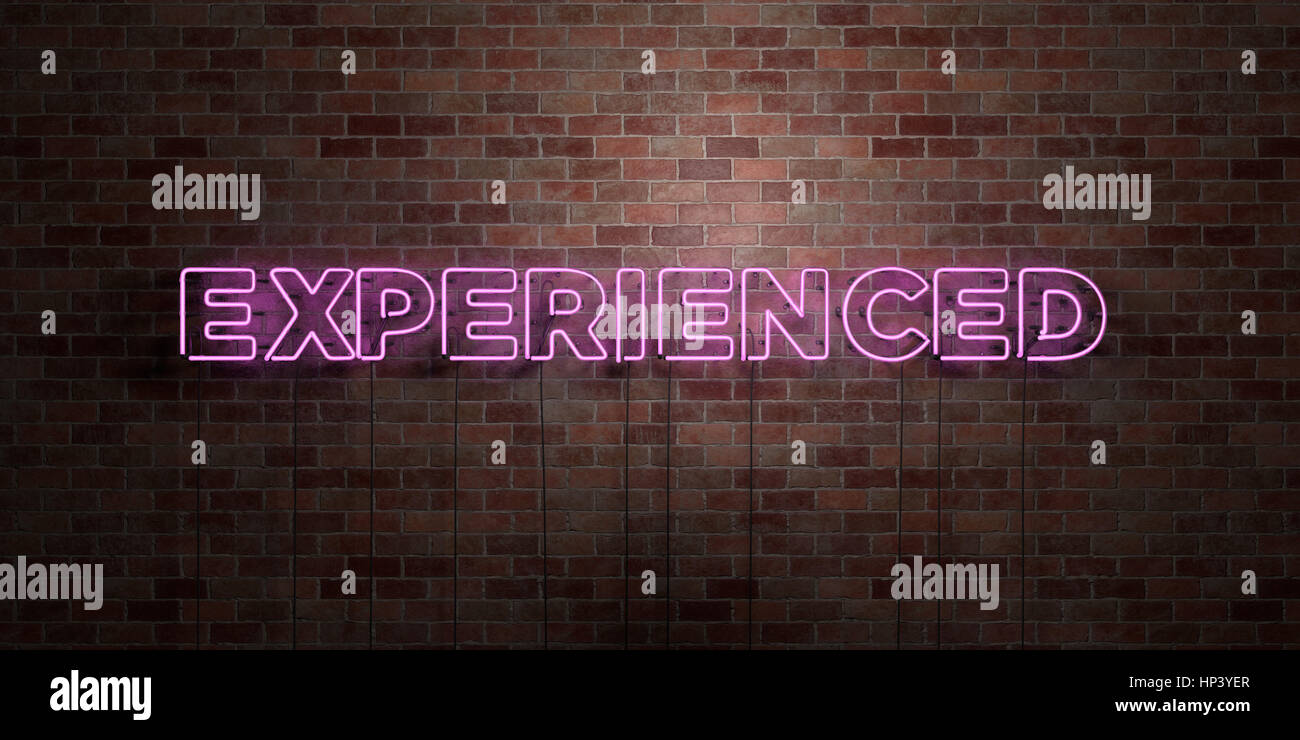 EXPERIENCED - fluorescent Neon tube Sign on brickwork - Front view - 3D rendered royalty free ...