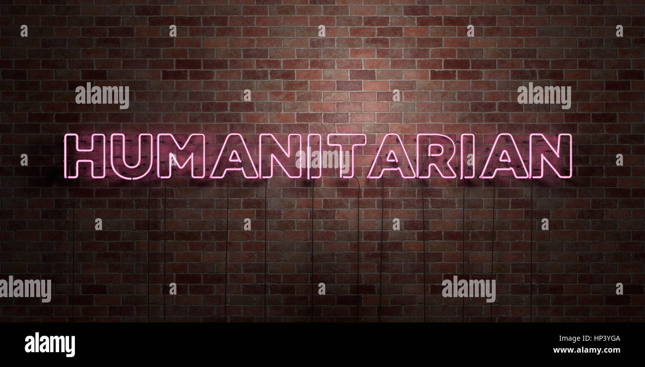 HUMANITARIAN - fluorescent Neon tube Sign on brickwork - Front view ...