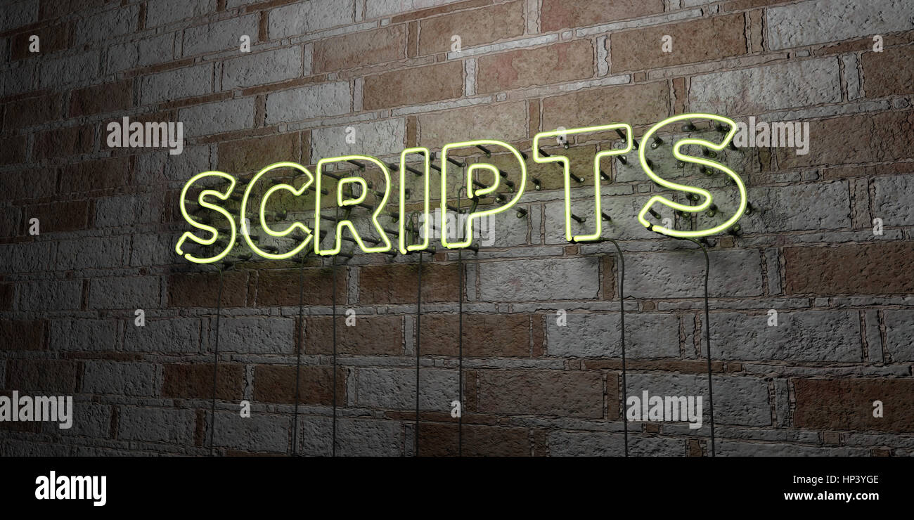 SCRIPTS - Glowing Neon Sign on stonework wall - 3D rendered royalty ...