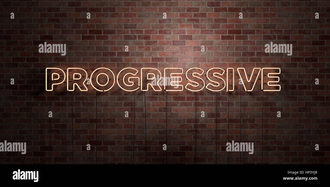 PROGRESSIVE - fluorescent Neon tube Sign on brickwork - Front view - 3D ...