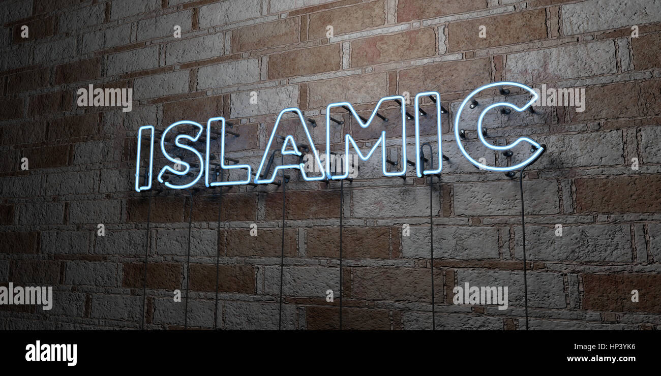 ISLAMIC - Glowing Neon Sign on stonework wall - 3D rendered royalty ...