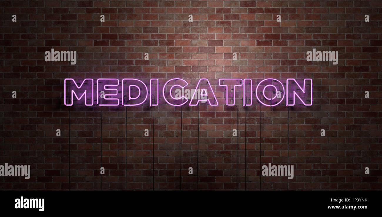MEDICATION - fluorescent Neon tube Sign on brickwork - Front view - 3D ...