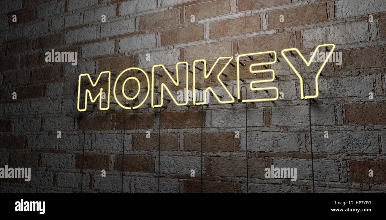 MONKEY - Glowing Neon Sign on stonework wall - 3D rendered royalty free ...