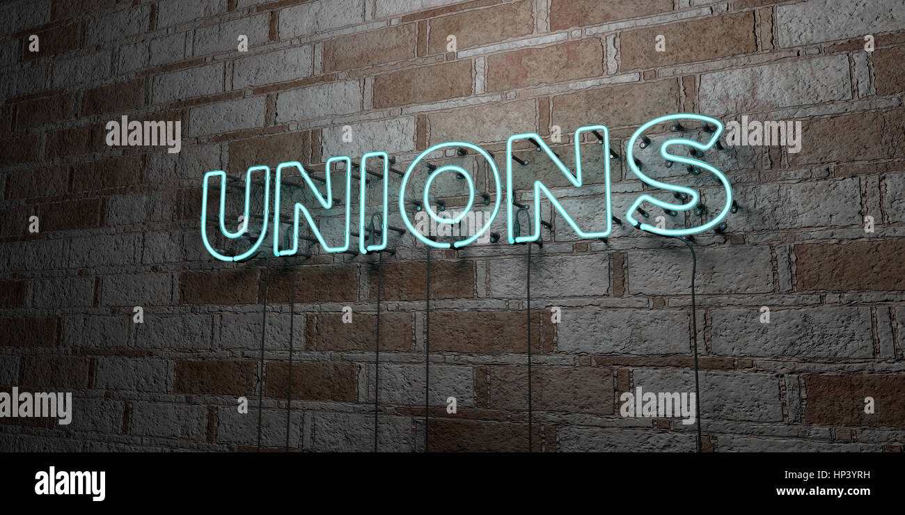 UNIONS - Glowing Neon Sign on stonework wall - 3D rendered royalty free ...