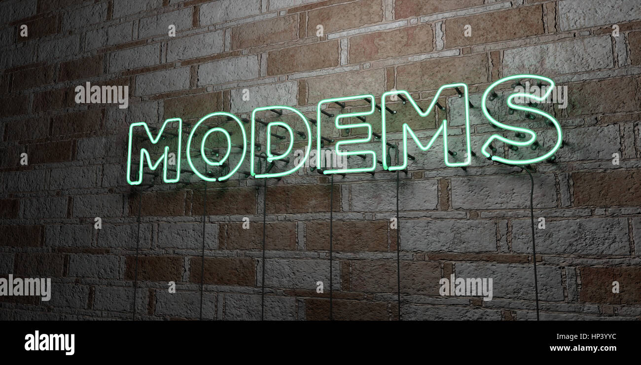 MODEMS - Glowing Neon Sign on stonework wall - 3D rendered royalty free ...