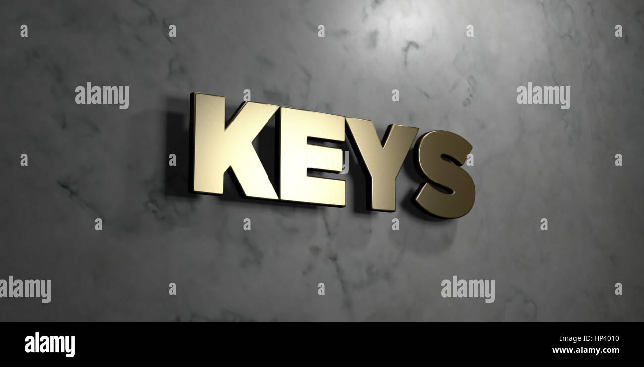 Keys - Gold sign mounted on glossy marble wall - 3D rendered royalty ...