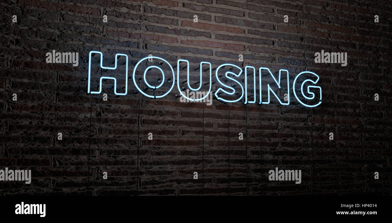 HOUSING -Realistic Neon Sign on Brick Wall background - 3D rendered ...
