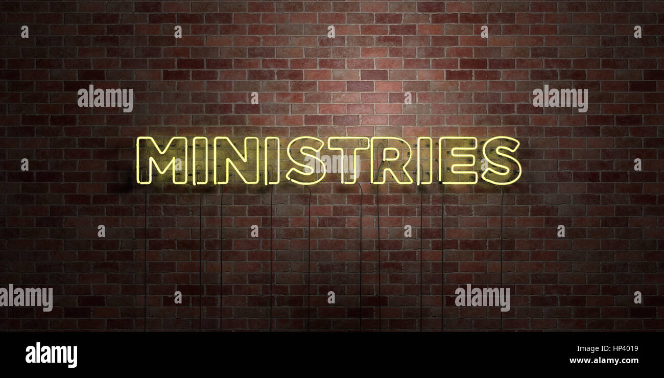 MINISTRIES - fluorescent Neon tube Sign on brickwork - Front view - 3D ...