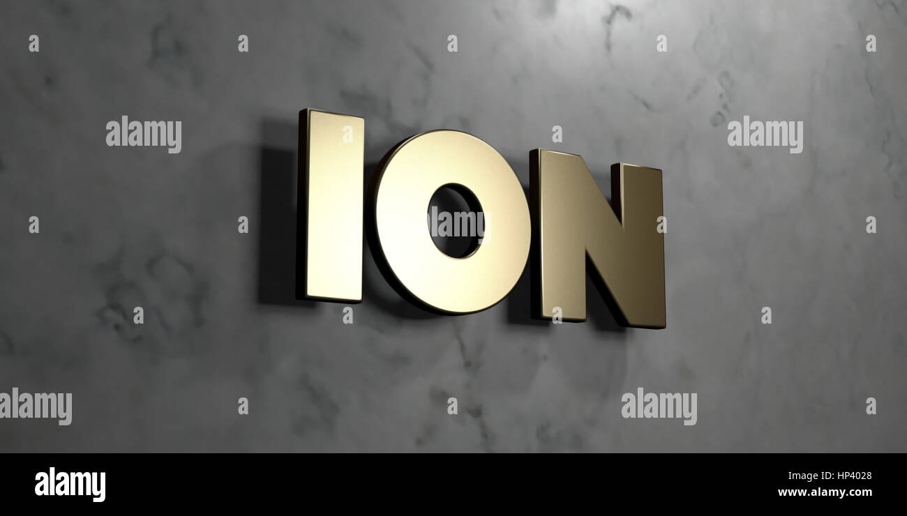 Ion - Gold sign mounted on glossy marble wall - 3D rendered royalty ...
